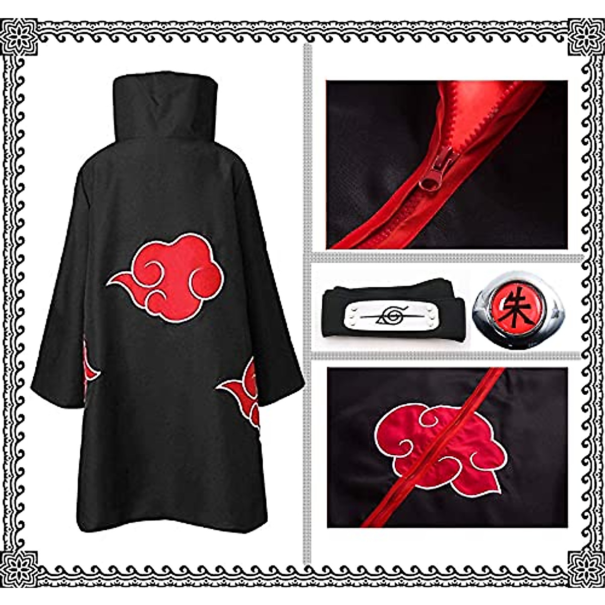 Mbeliever 4XL 3Pcs Cloak Halloween Cosplay Costume Uniform with Headband and Ring,Black Cloak Anime Cosplay(2XL)