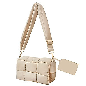 NAARIIAN puffer woven shoulder bag padded cassette handbag with coins organizer nylon light weight women crossbody purse(Khaki)