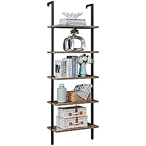 SUPERJARE Industrial Ladder Shelf, 5-Tier Wood Wall-Mounted Bookcase with Stable Metal Frame, 72 Inches Storage Rack Shelves Display Plant Flower, Stand Bookshelf for Home Office - Vintage Brown