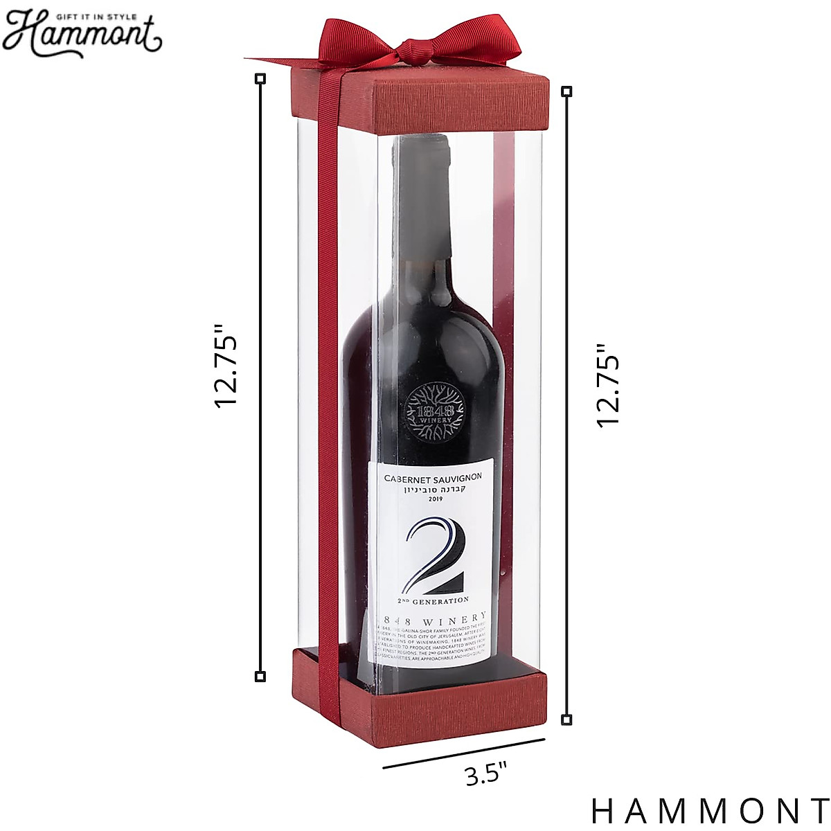 Hammont Clear Plastic Wine Bottle Gift Boxes (6 Pack) Wine Boxes with Base, Lid & Ribbon | For Wine, Whiskey, Vodka & All Bottle Gifts (Maroon, 3.5x3.5 x12.75)