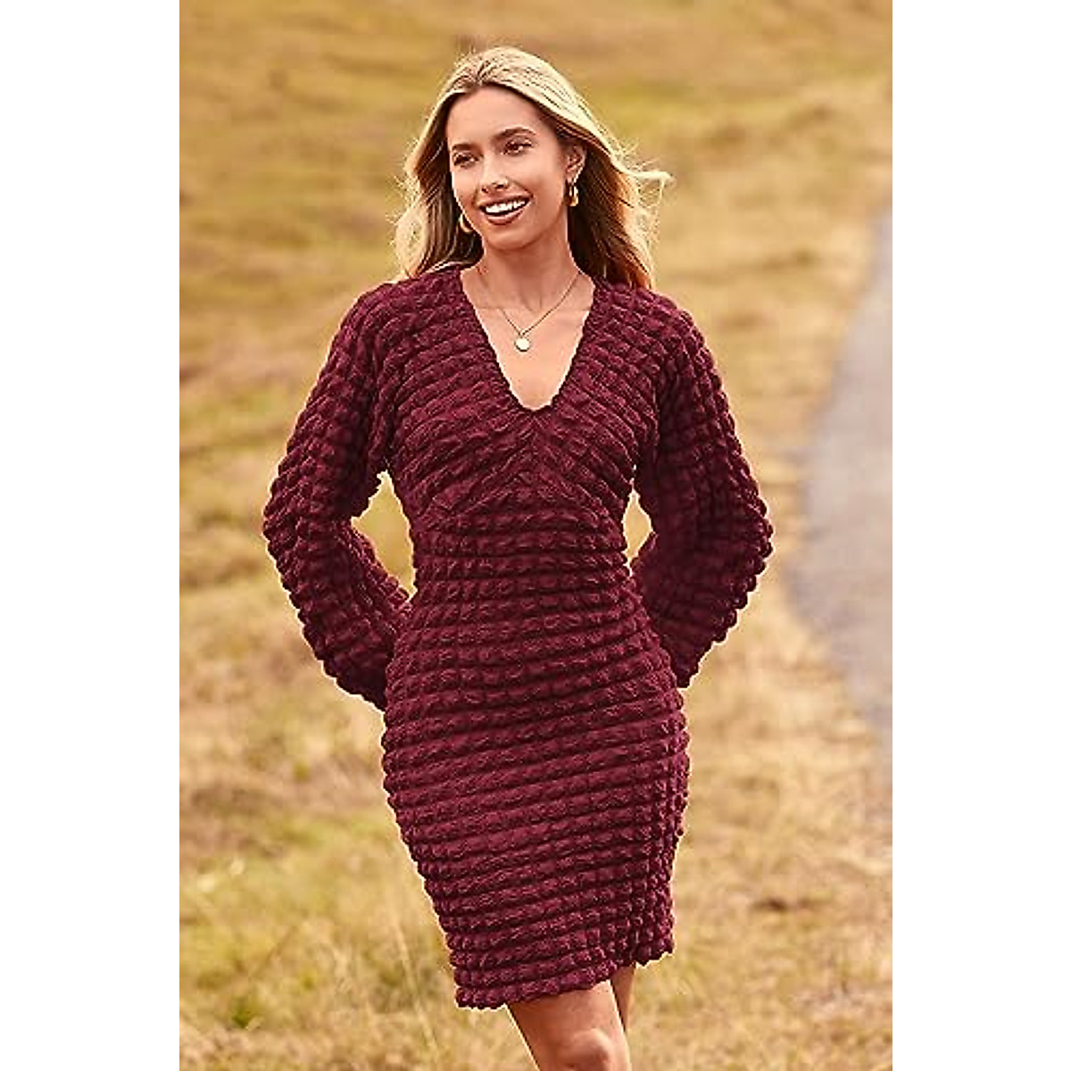 PRETTYGARDEN Women's Fall Mini Bodycon Dress Long Puff Sleeve V Neck Fitted Party Club Dresses (Wine Red,X-Large)
