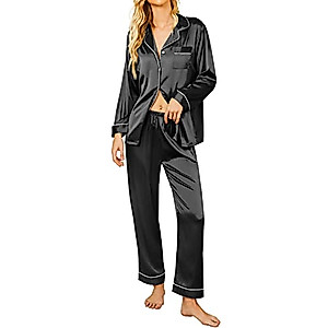Ekouaer Satin Sleepwear Women's Long Sleeve Pajamas Silk Button Down Loungewear Two Piece Pjs Set (Black,S)