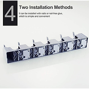 Broom Mop Rack and Garden Tool Storage Rack, ABS Material, Wardrobe Storage, Kitchen Rack, Home Finishing and Garage Storage Rack, Suitable for Rake or Mop Handle, 5 Handle Slots and 6 Hooks (Gray)