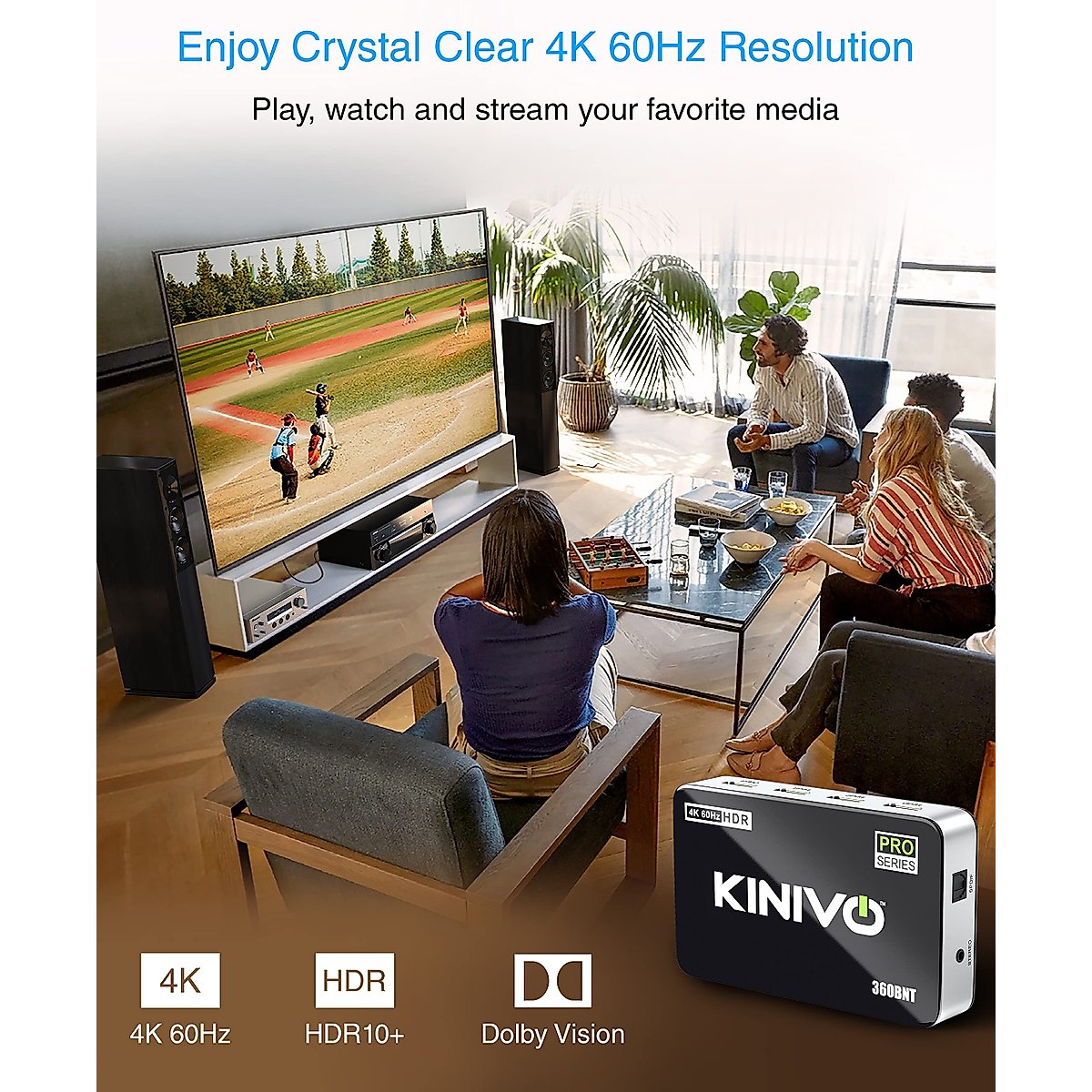 Kinivo HDMI Switch with Audio Extractor 360BNT (3 in one out, Toslink Optical Audio Port, SPDIF, 4K 60Hz, High Speed 18Gbps, IR Remote) - Compatible with Roku, PS5, Xbox, Apple TV, Dolby Digital/Atmos