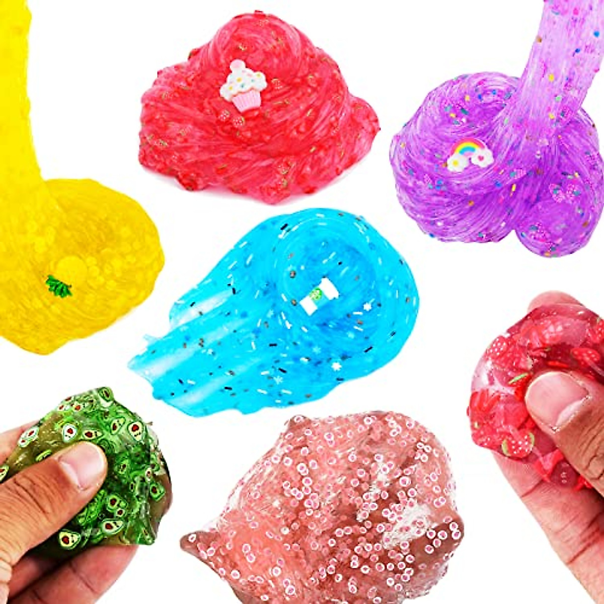 Clear Slime Kit 6 Pack, Premade Crunchy Slime Set DIY Birthday Slime Party Favors for Girls Boys 10-12, Non Sticky Jelly Cube Slime Cute Charms, Peach Cake Avocado Pineapple Crystal Clear Slime Kit