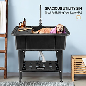 VINGLI Utility Sink Laundry Tub for Washing Room, Freestanding Utility Sink with Stainless Steel Faucet, (Black, 32.3"W x 22.4" D x 43.3"H)