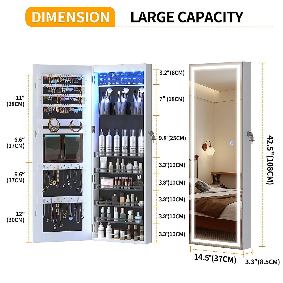 LVSOMT LED Mirror Jewelry Cabinet, Wall/Door Mount Jewelry Organizer Armoire with Lights, Full Length Mirror with Jewelry Storage, Over the Door Hanging Jewelry Cabinet (White)