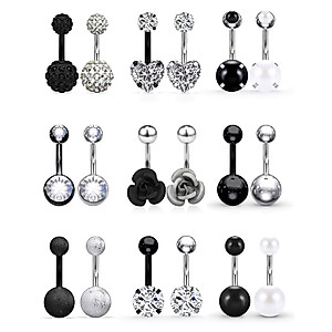 Vsnnsns 14G Belly Button Rings Belly Rings for Women Stainless Steel CZ Opal Belly Button Piercing Jewelry Belly Bars Curved Navel Ring Barbell Body Jewelry Piercing for Women Men Silver Black