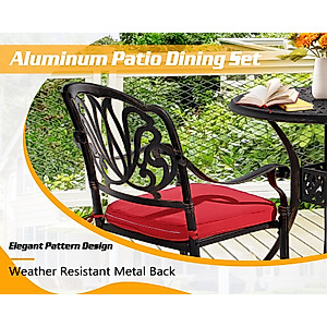 TITIMO 3 Piece Cast Aluminum Patio Dining Set,Outdoor Furniture Bistro Set, All-Weather Cast Aluminum Conversation Set Includes Table and Chairs w/Cushions and Umbrella Hole for Patio Garden (Red)