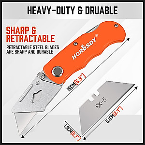 HORUSDY 4-Pack Folding Utility Knife, Box Cutter for Cardboard, Boxes and Cartons, Extra 10pcs SK5 Quick Change Blades.