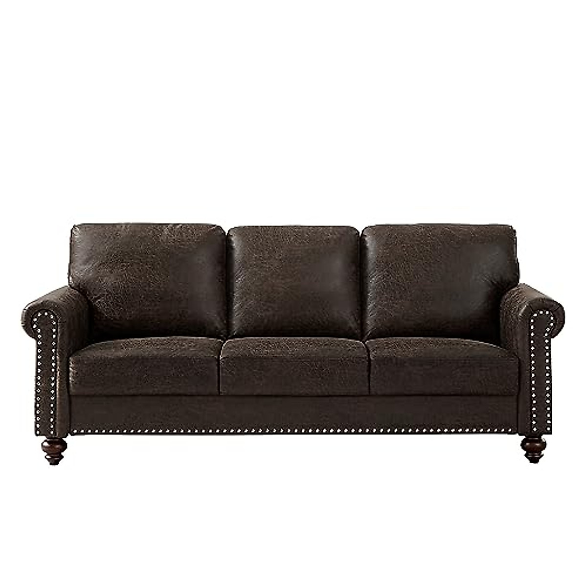 OMMGG Mid-Century Faux Leather Sofa with Tufted Cushions, Modern 3 Seat Upholstery Couch w/Armrest and Wooden Legs, for Living Room, Apartment, Small Spaces, Office, 81, Dark Brown