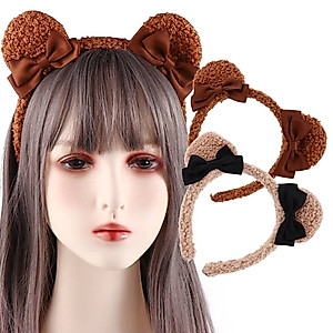 Bear Ear Hairband, Women Hair Hoop Washing Face Headwear, Bear Ear Bow Knot Hairband Plush Headband, Face Hair Hoop(coffee)