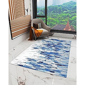 Contemporary Blue Large Rectangular Area Rugs 5' x 7' Living Room, Abstract Rustic Painting Art Durable Non Slip Rug Carpet Floor Mat for Bedroom Bedside Outdoor