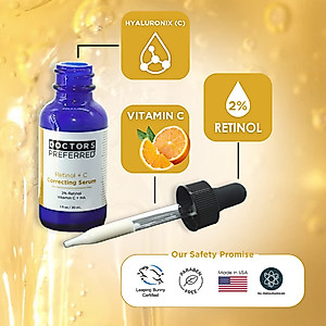 Retinol + C Correcting Serum - Jumpstart the Rejuvenation Process and Dramatically Improve Deep Wrinkles, Texture, Uneven Skin Tones% Hyperpigmentation | Doctors Preferred | 1oz./30ml