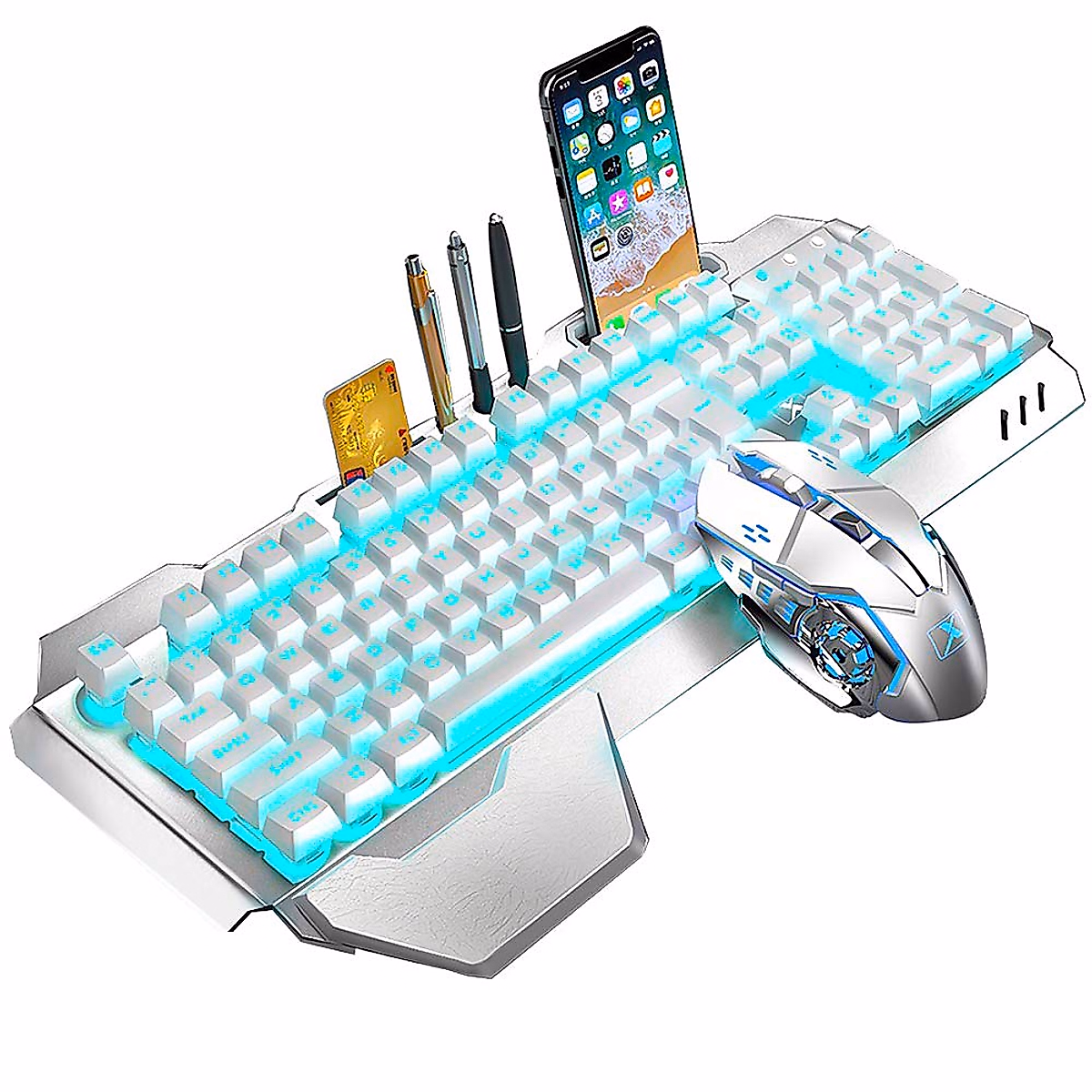 Wireless Keyboard and Mouse,Blue LED Backlit Rechargeable Keyboard Mouse with 3800mAh Battery Metal Panel,Removable Hand Rest Mechanical Feel Keyboard and 7 Color Gaming Mute Mouse for PC Gamers