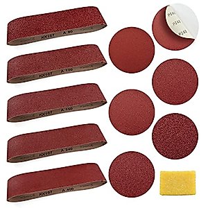 Sanding Belts and Sanding Discs Set for Power Combination Disc & Belt Sander 10 PCS 4 x 36” Aluminum Oxide Sanding Belts and 12 PCS 6” PSA Self Adhesive No-hole Sticky Back Sanding Discs(80-400 Grit) 