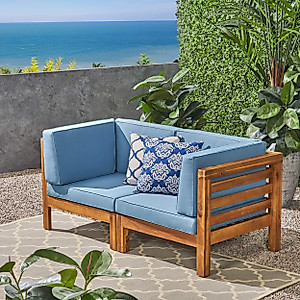 GDFStudio Outdoor Sectional Loveseat Set - 2-Seater - Acacia Wood - Outdoor Cushions - Teak and Blue