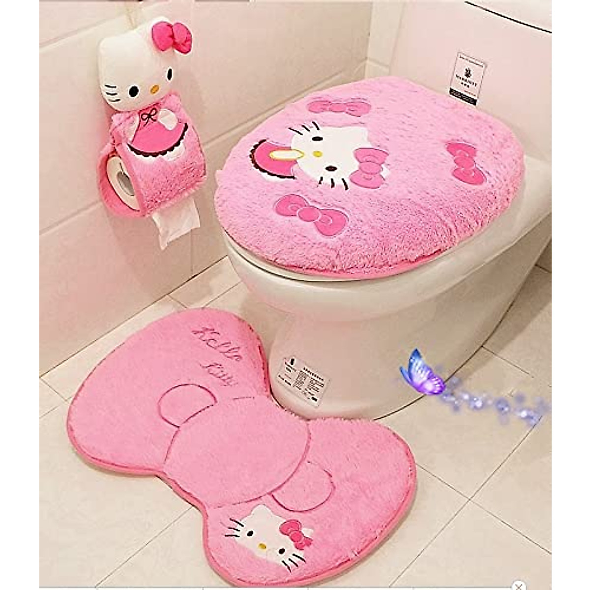 MODGHPT Hello Kitty 4-Piece Toilet Seat Set, Pink and Red, Pink