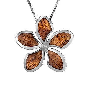 925 Sterling Silver Koa Wood Plumeria Flower Necklace Pendant with 18" Box Chain, Nickle-Free Hypoallergenic for Sensitive Skin, Hawaiian Jewelry for Women (Pointed Petals)