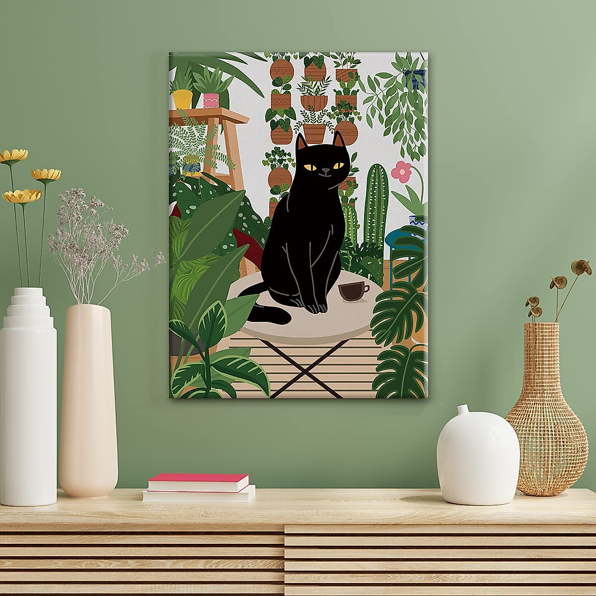 Black Cat and Plants Canvas Wall Art Poster Print, Modern Botanical Black Cat Painting Ready to Hang Home Office Living Room Decor Gift (11.5" x 15")