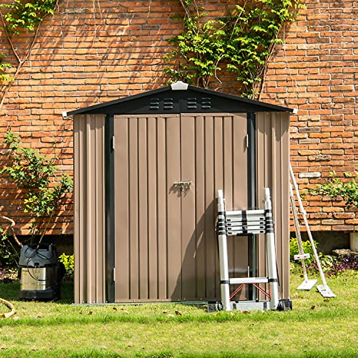 Catrimown Backyard 6x4 Storage Sheds, Galvanized Steel Outdoor Storage Shed with Air Vent and Lockable Door, Gable Roof Patio Storage Shed & Outdoor Backyard Storage Brown