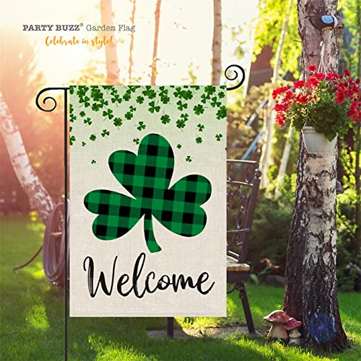 PARTY BUZZ St Patrick's Day Burlap Garden Flag Shamrock Clover (12x18, Double Sided) Saint Patty's Day Irish Yard Flag for Outside