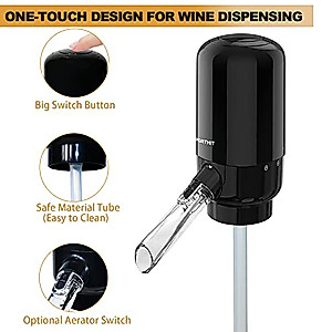 Electric Wine Aerator Pourer, Automatic Portable Smart Wine Decanter and Wine Dispenser Pump Wine Oxidizer for Red and White Wine(Black)