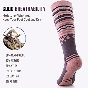 OutdoorMaster Ski Socks 2-Pack Merino Wool, Non-Slip Cuff for Men & Women - Fringes, L/XL