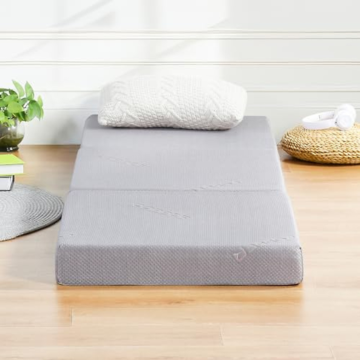 Olee Sleep Tri-Folding Antibacterial Memory Foam Mattress Topper, 4 Inch Copper Bamboo Gel Folding Mattress, Washable Cover, CertiPUR-US Certified, Soft, Grey, Single Size