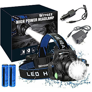 Wrrozz LED Headlamp Rechargeable Flashlight, Super Bright Tactical Head Lamp for Adults, Waterproof Headlight, Car & Wall Charger, for Outdoor Running Hunting Reading Hiking Camping Night Fishing