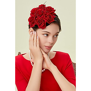 BABEYOND Floral Fascinators for Women Feather Fascinators Headband for Cocktail Tea Party (red)