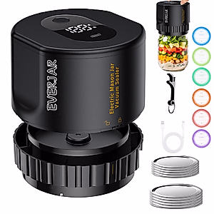 Generic Everjar - Mason Jar Vacuum 2 IN 1 Design Electric Mason Jar Vacuum Sealing Kit, Fully Automatic Suction Stop Food Storage Vacuum Sealer for Wide Mouth and Regular Mouth Mason Jars, Black