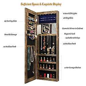Ntufrest Jewelry Organizer with Led Mirror, 6 LEDs Mirror Jewelry Cabinet,Wall/Door Mounted Jewelry Armoires for Women, Full Length Mirror with Jewelry Storage，Magnetic Lock