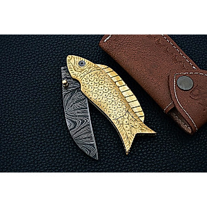 Smart & Sharp Custom Handmade Damascus Steel Fish Knife/Folding Knife/Pocket Knife SS-17370(Brass Engraved Handle) (brass)