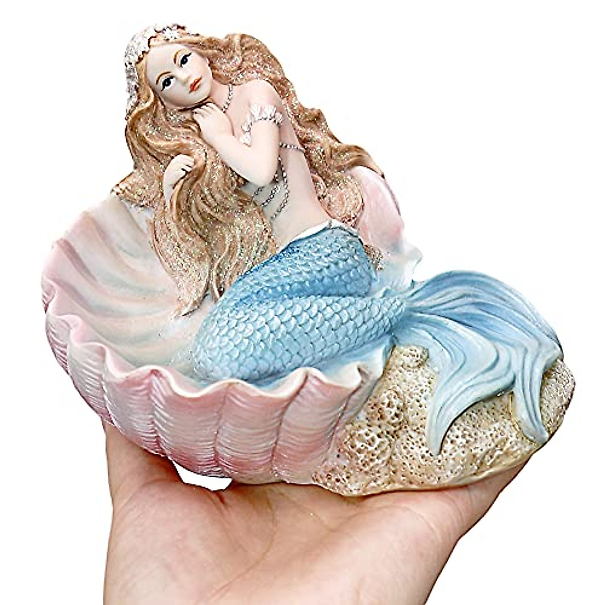 Blue Mermaid Figurines Resin Mermaid with Shell Sculpture Mediterranean Princess Ornaments Home Office Desktop Bookshelf Mermaid Collectible Figurines Crafts Fish Tank Aquarium Decoration
