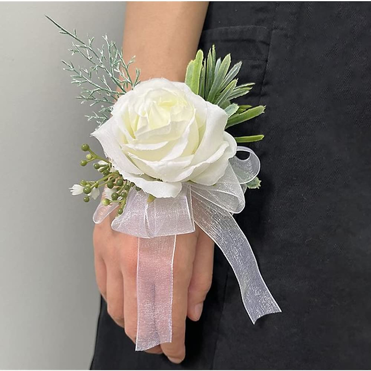 Corsage and Boutonniere Set,2PCS Artificial Rose Wrist Corsage Wristlet,for Wedding Bridal Bridesmaid Wrist Corsage Corsage Ball Decoration (White)