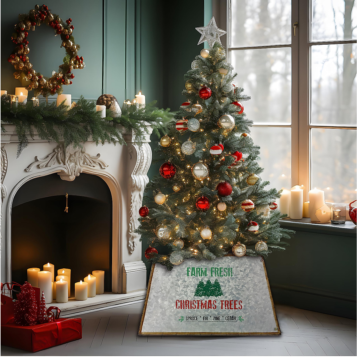 Christmas Tree Collar Metal Farmhouse Tree Skirt Square Trees Ring Base Stand Cover for Xmas Christmas Tree Holiday Home Rustic Decor Decorations (Square)