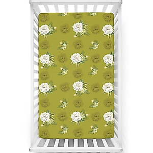 Rose Flower Themed Fitted Mini Crib Sheets,Portable Mini Crib Sheets Soft & Stretchy Fitted Crib Sheet-Crib Mattress Sheet or Toddler Bed Sheet,24“ x38“,Dark Khaki Olive Green