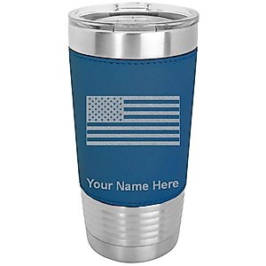 LaserGram 20oz Vacuum Insulated Tumbler Mug, Flag of the United States, Personalized Engraving Included (Faux Leather, Blue)
