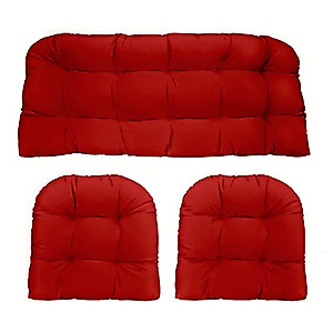 RSH Décor Indoor Outdoor 3 Piece Tufted Wicker Settee Cushions 1 Loveseat & 2 U-Shape Choose Color (Red Poly, 2-19"x19" 1-41"x19")