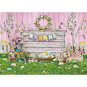 Maijoeyy 7x5ft Easter Backdrop Pink Wood Spring Floral Easter Backdrop for Photography Easter Eggs Green Grass Easter Party Decoration Kids Newborn Baby Party Photoshoot Background