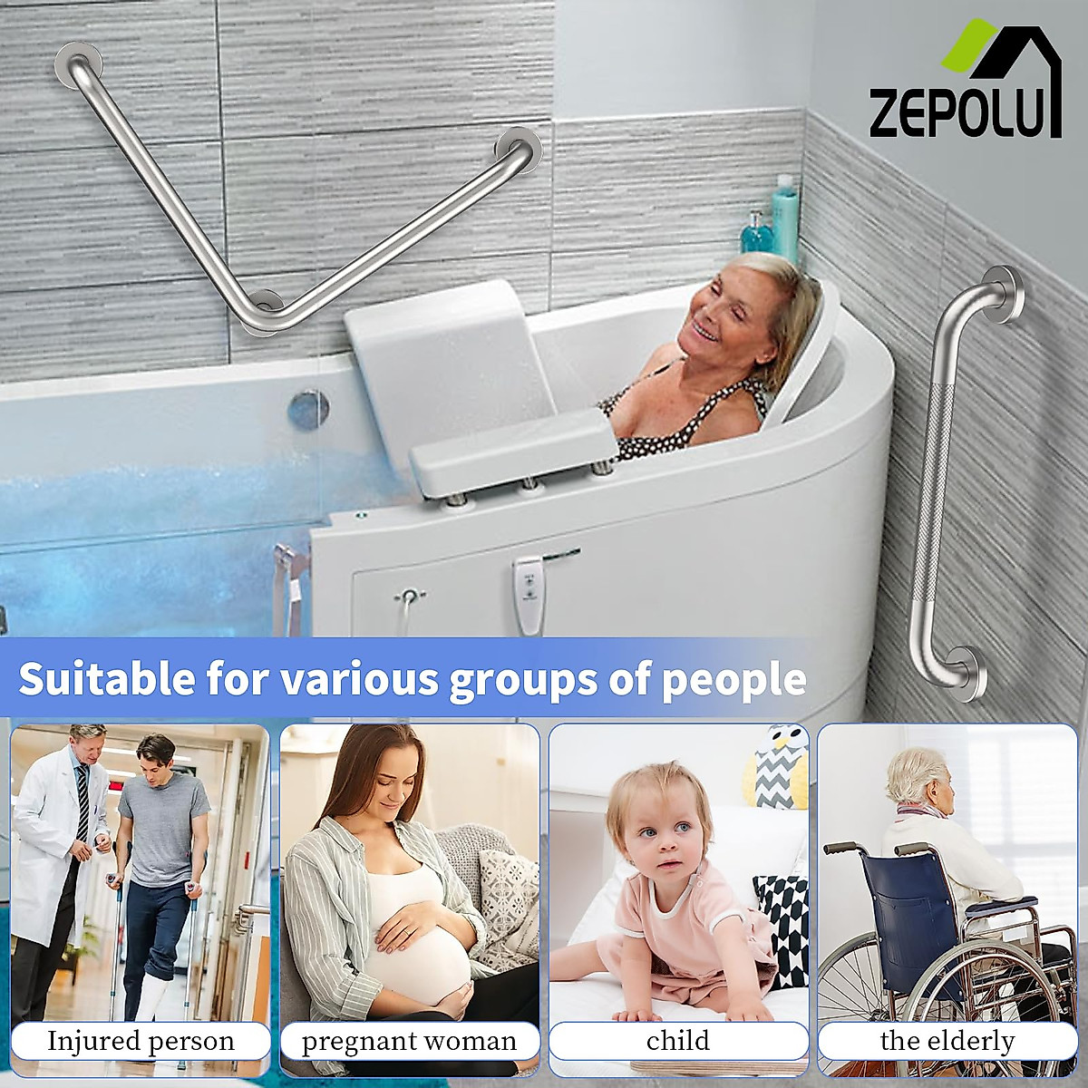 Brushed Nickel Angled Grab Bar 16 Inch, Zepolu Stainless Steel L-Shaped Safety Grab Rail, Bathroom Mobility Aid Handrail, Wall Mounted Balance Support Assist Shower Handle for Senior Elderly Handicap