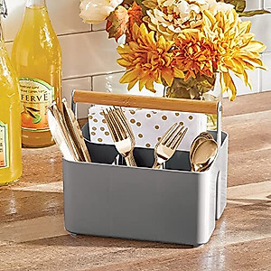mDesign Plastic Portable Storage Organizer Kitchen Caddy Tote, Divided Bin with Wood Handle for Napkins, Silverware, Forks, Knives, Spoons - Store in Cabinets, Countertops - Charcoal Gray/Natural