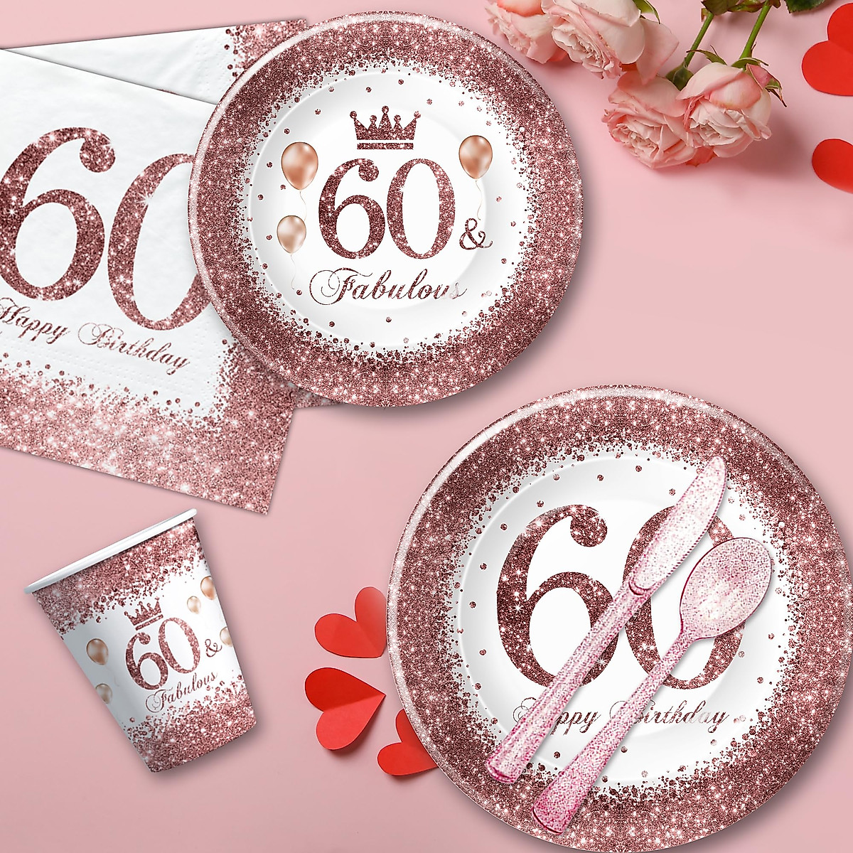 Xigejob 60th Birthday Decorations Women Tableware, Rose Gold 60 And Fabulous Decorations Dinnerware, Plate, Cup, Napkin, Tablecloth, Cutlery, Happy Sixty 60-Year-Old Birthday Party Supplies, Serve 24