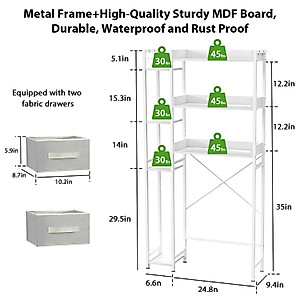 LWADALN Over The Toilet Storage Shelf, 7-Tier Bathroom Organizer Shelf, Freestanding Space Saver Storage Shelf with Two Fabric Drawers & Adjustable Feet, Toilet Rack for Bathroom, Restroom, Laundry