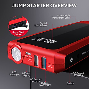 Andeman Battery Jump Starter 2000A Peak 20000mAh,Jump Starter Battery Pack for up to 8.5L Diesel Engine or Any Gas Engine,Red (155)