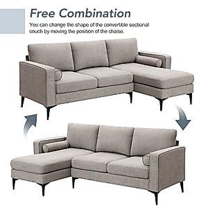 Prohon 86" L Shaped Modern Chenille Convertible Sectional Reversible Chaise Lounge and 2 Round Pillows, 4-Seat Couches Upholstered Small Space Sofas for Living Room, Apartment,Camel