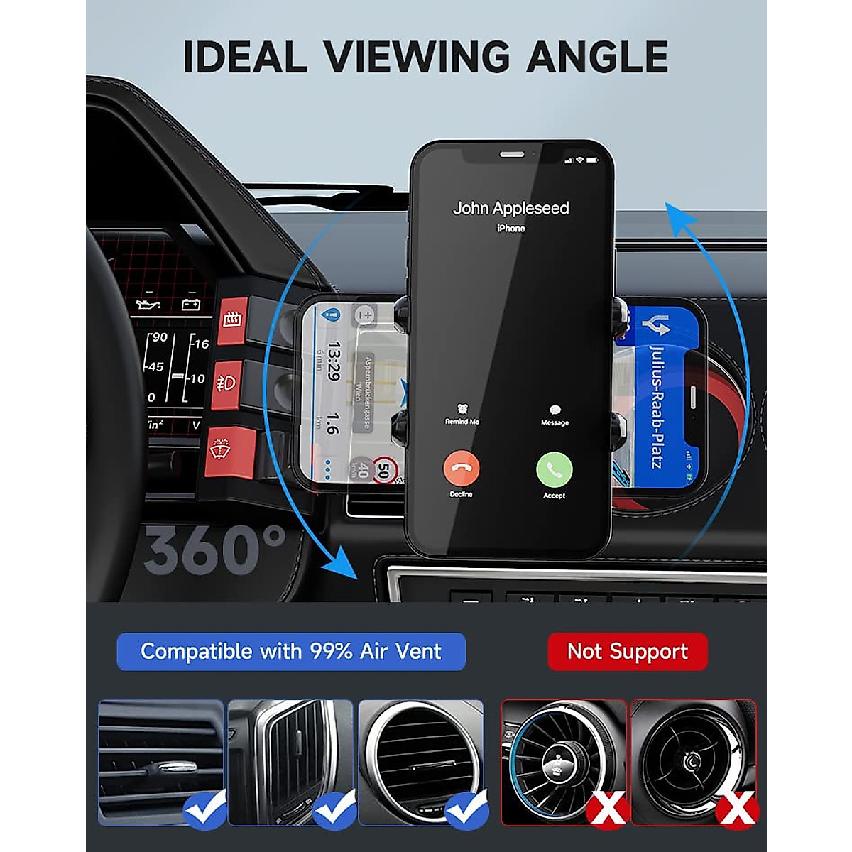 2in1 Phone Mount for Car Rearview Mirror & Air Vent, Super clamping force, Universal 360° Rotatable and Retractable Phone Holder Adjustable Multifunctional for Most Mobile Phones & Cradle Air Vent.