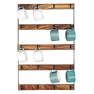 Aomomery Coffee Mug Rack,Rustic Coffee Mug Holder Wall Mount,Walnut Coffee Cup Holder with 20 Mug Organizer Hooks,Large 5-Tier Mug Display for Kitchen
