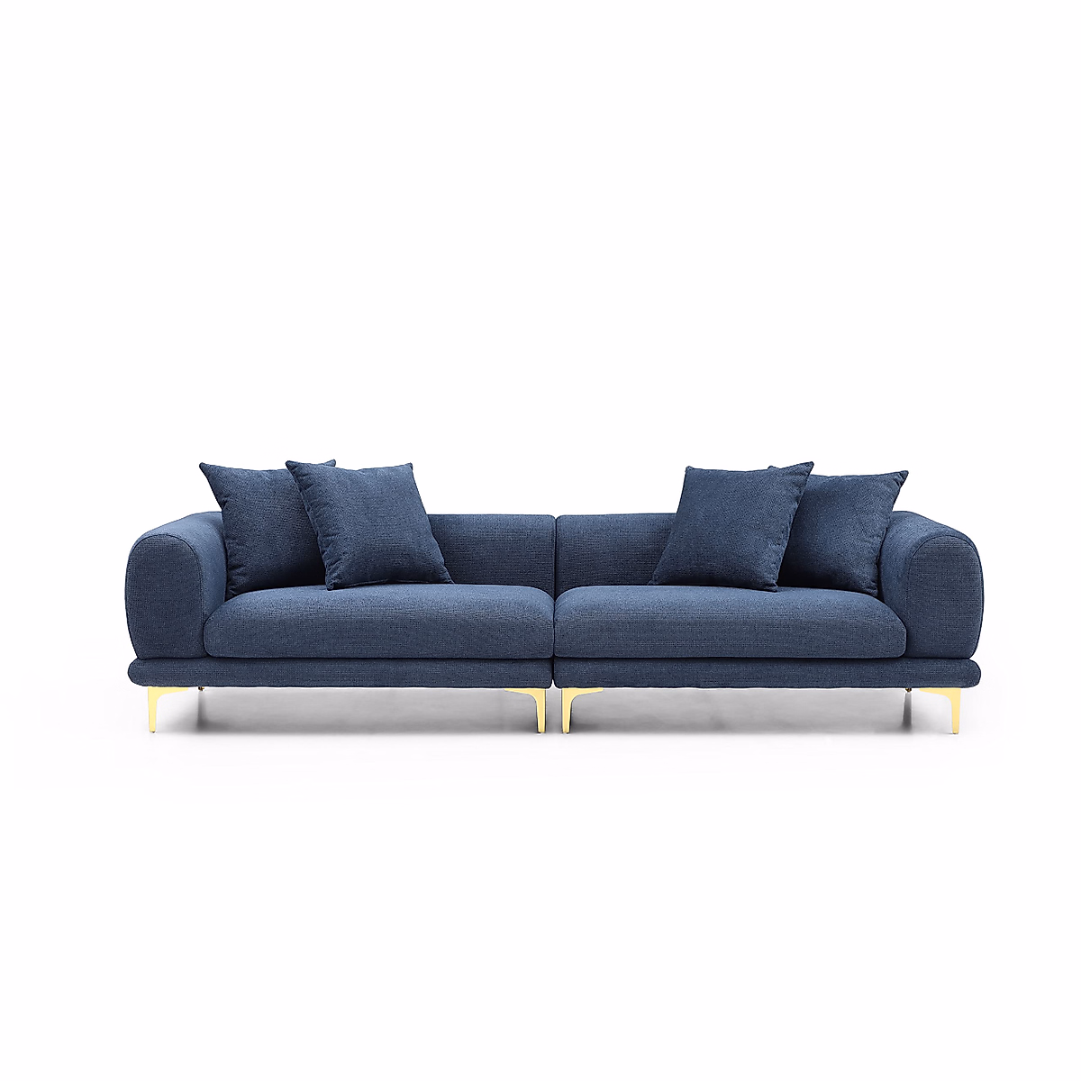JUSTONE 102''Sofa Couch for Living Room, Modern Mid-Century 4 Seater Sofa with 4 Pillows, Upholstered Couch with Metal Wood Legs for Living Room, Bedroom and Lounge,Apartment Office - Blue